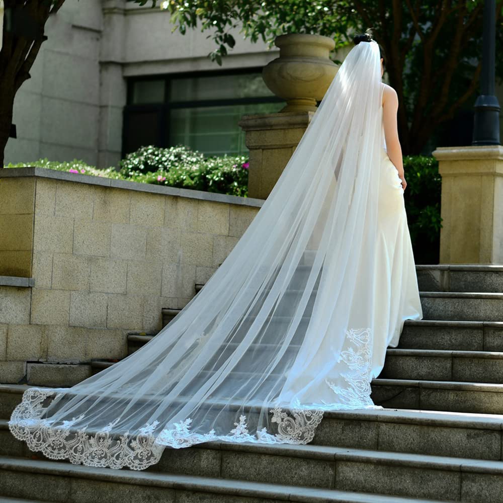 ULAPAN Women's 3M Long Cathedral Lace Wedding Bridal Veil with Comb