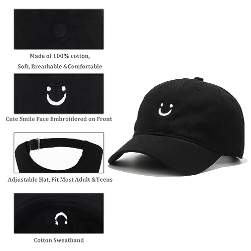 Voilipex 4 Pack Baseball Cap for Women Men Low Profile Cotton Dad Hat Adjustable Plain Hat (Smile Face Black, White, Beige, Turquoise)