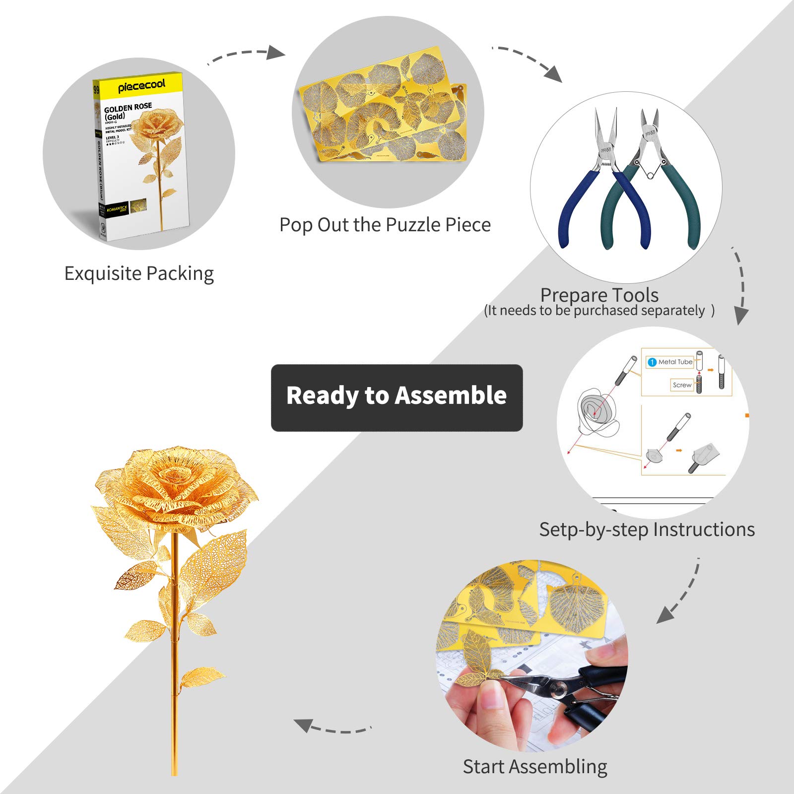 Piececool 3D Metal Puzzles Rose Flower Model Kits, Artificial Flowers Metal Building Blocks DIY 3D Puzzle for Adults, for Father Mothers Valentines Day, 15Pcs Gold