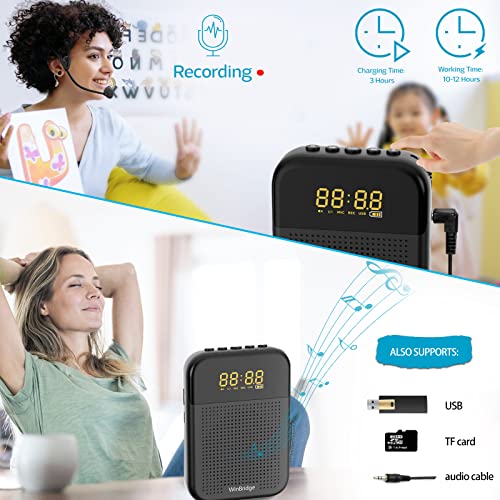 WinBridge S209 Bluetooth Voice Amplifier for Teachers with Portable Microphone Headset Wired, Personal Voice Amplifier Features Mute, Record, LED Display, No Feedback 16W