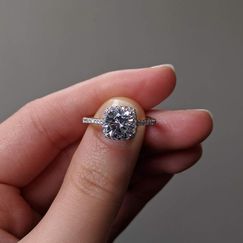 TwoBirch Classic Round Halo Solitaire Engagement Ring with 18k White Gold Plated Sterling Silver and Cubic Zirconia (Size 10)