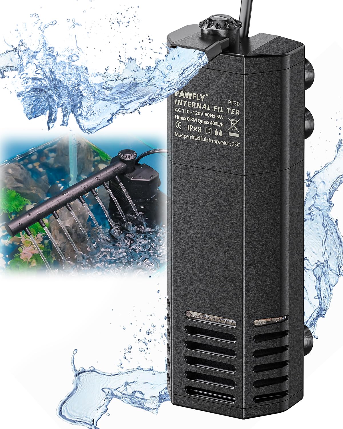 Pawfly Internal Aquarium Filter Adjustable Submersible Power Filter with Water Pump Quiet Biochemical Sponge Multifunctional Filter for Fish Tank