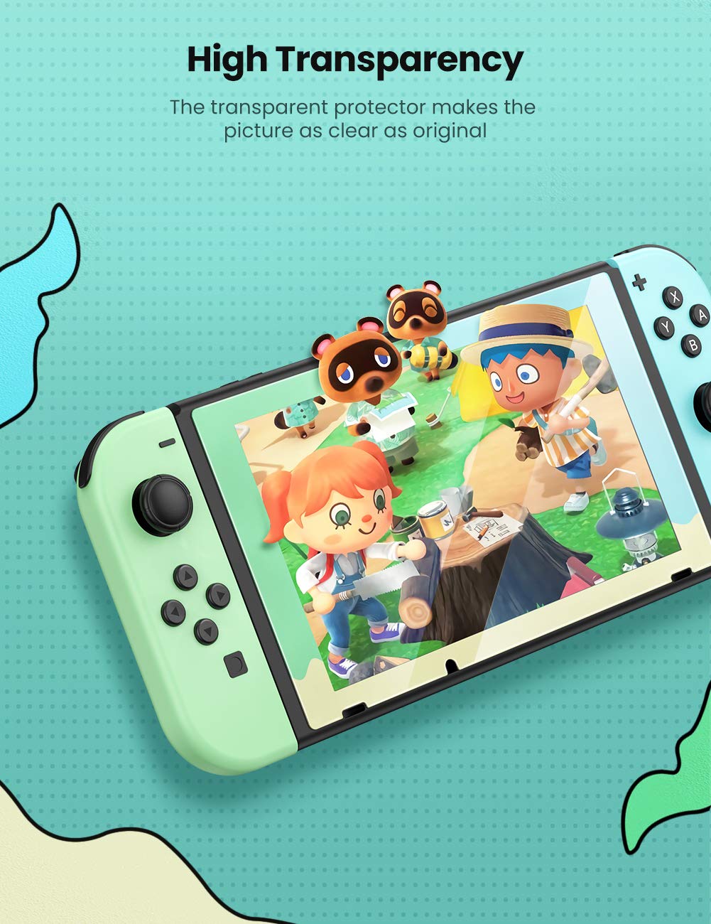 UGREEN Screen Protector Compatible with Nintendo Switch Animal Crossing Design Border Tempered Glass Transparent HD Clear Anti-Scratch 9H Hardness