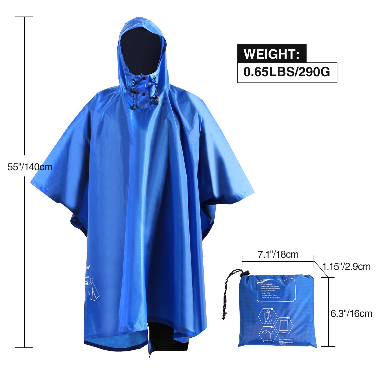 REDCAMP Waterproof Rain Poncho, Camping Hiking Rain Jacket with Drawstring Hood 3 in 1 Multifunctional Lightweight Reusable Raincoat for Men Women Adults Army Green