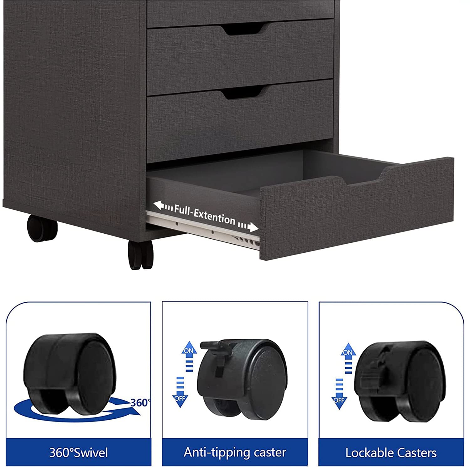 SANYOAC 5 Drawer Chest, Mobile File Cabinet with Wheels, Wood Storage Cabinets, Home Office Storage Cabinet, Mobile Lateral Printer Stand with Removable Wheels(Grey)