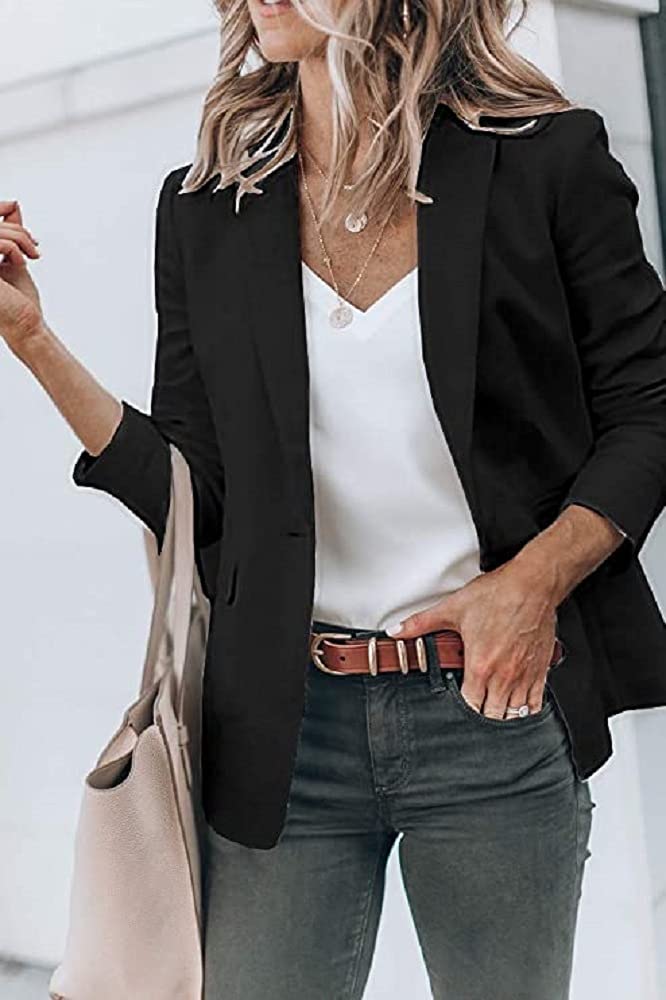 SAOVERE Womens Casual Open Front Long Sleeve Blazer Collared Work Office Pockets Jackets A-Black