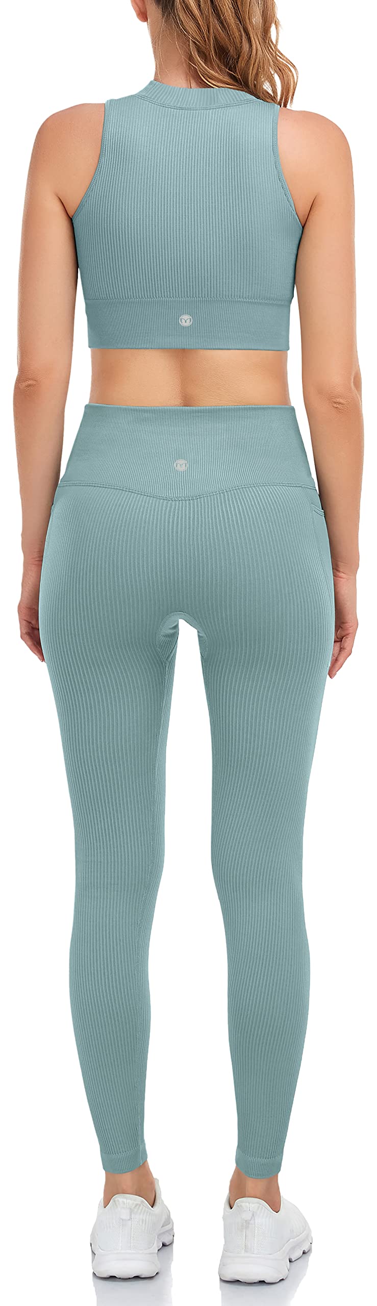 Women's Yoga Workout 2 Piece Seamless Sets with Ribbed Design, High Neck or One Shoulder Strap Top