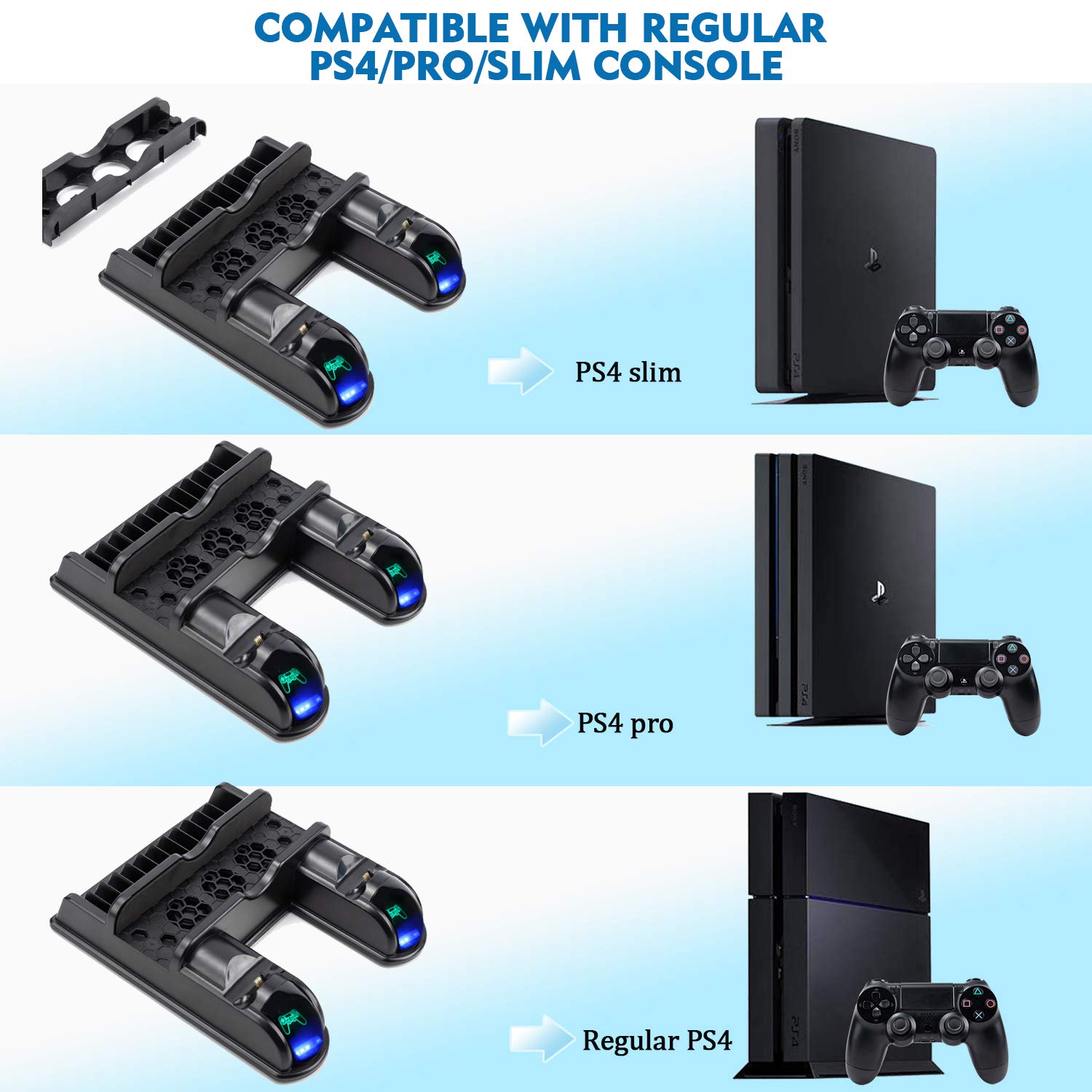 Touch on Fan Cooler for Regular PS4/Slim/Pro,Multifunctional Vertical Cooling Stand, Charger for PS4 Controller with LED Indicators,USB Fast Charging Dock Station with 12PCS Games Storage