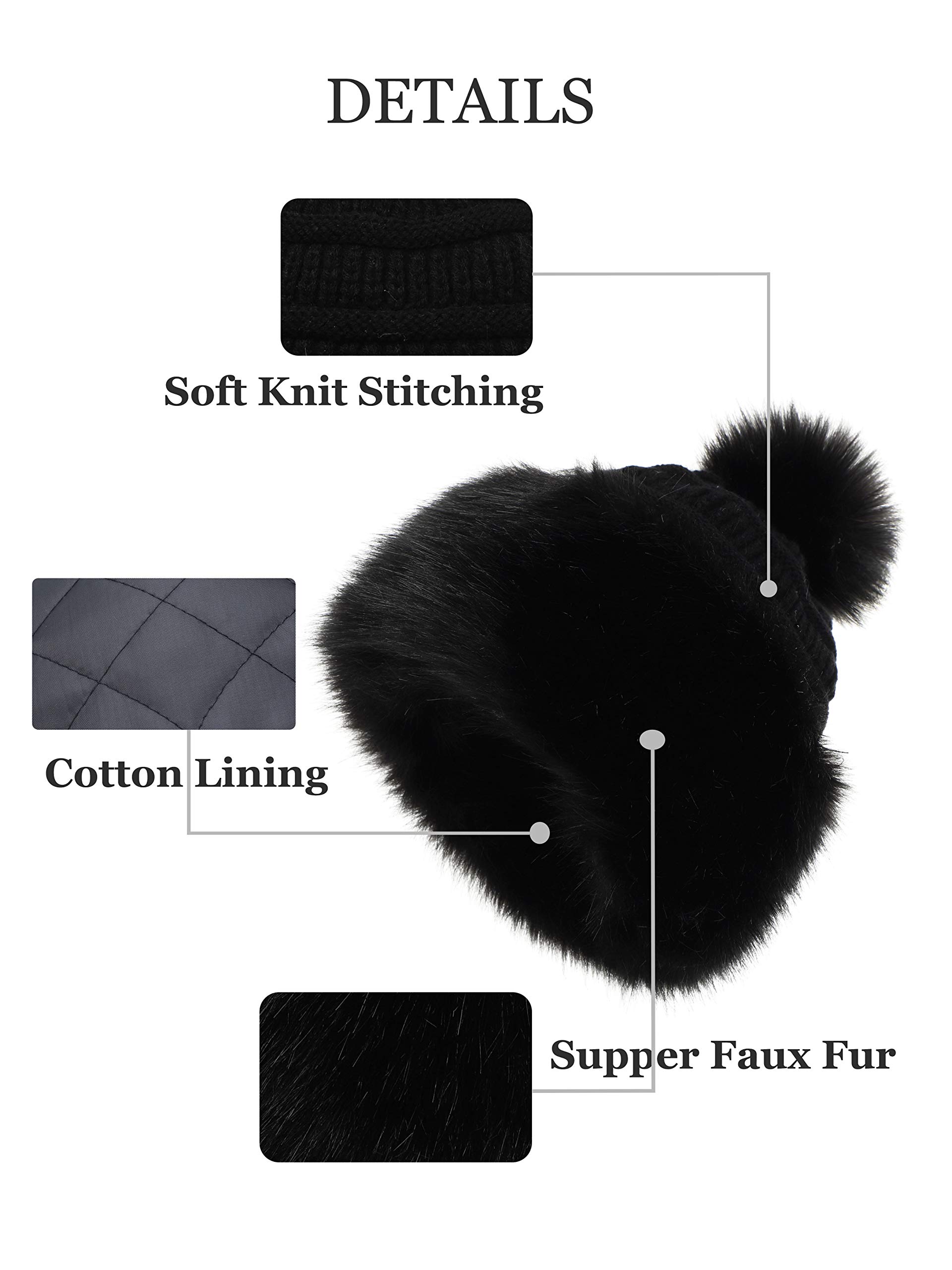 Soul Young Women's Faux Fur Hat Black Russian Cossack Knit Pompom Ski Snow Cap for Winter White(One Size,Black)