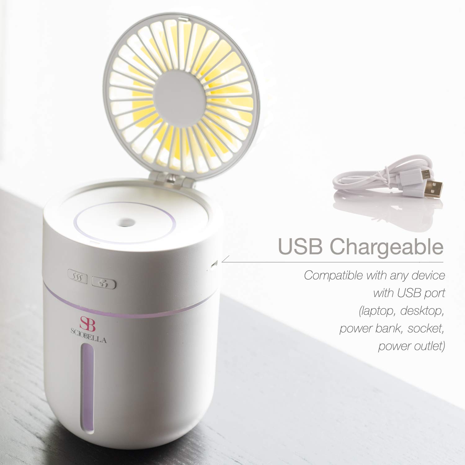 Sciobella Mini Portable Cool Mist Humidifier with Fan for Bedroom Office Desk Travel Car Hotel 400ml 2 Mist Mode 7 LED Night Light 3 Fan Speed Setting USB Rechargeable Auto Shut-off