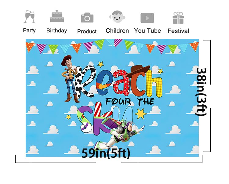 Reach Four The Sky Backdrop for 4th Birthday Party Supplies White Clouds Photo Backgrounds 4th Birthday Theme Baby Shower Banner 59x38in
