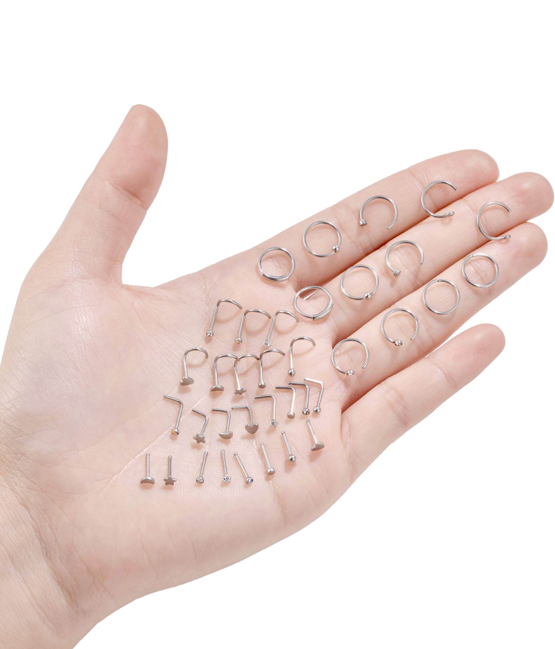 Tornito 20G 36Pcs Stainless Steel L Shaped Nose Ring CZ Nose Stud Retainer Labret Nose Piercing Jewelry (A0：36Pcs, Silver Tone) …