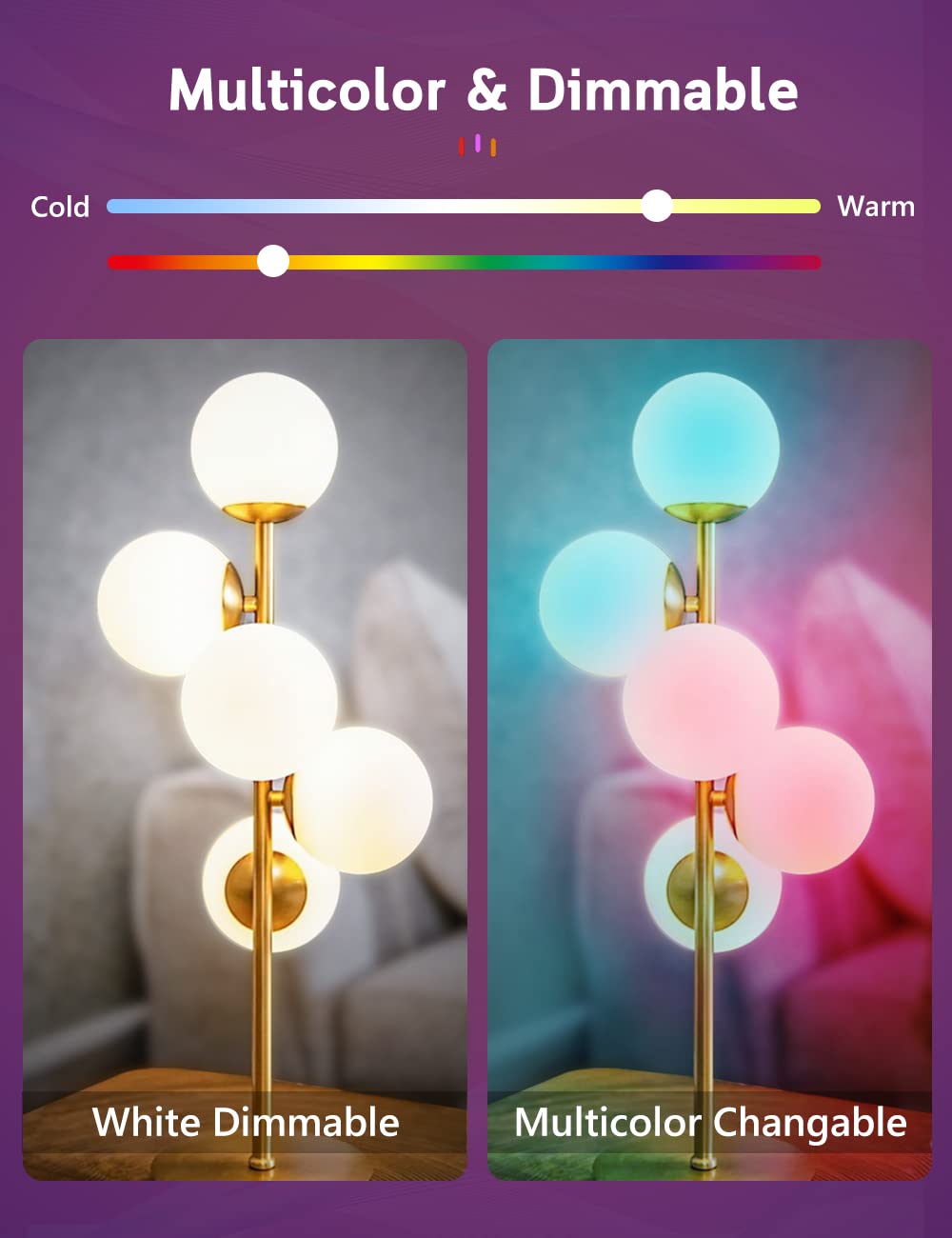 Tasmor Smart Light Bulbs, Color Changing Light Bulbs Works with Alexa & Google Assistant, Dimmable WiFi Light Bulb, RGBCW Multicolor LED Light Bulb A19 E26 60W Equivalent, No Hub Required, 2 Pack