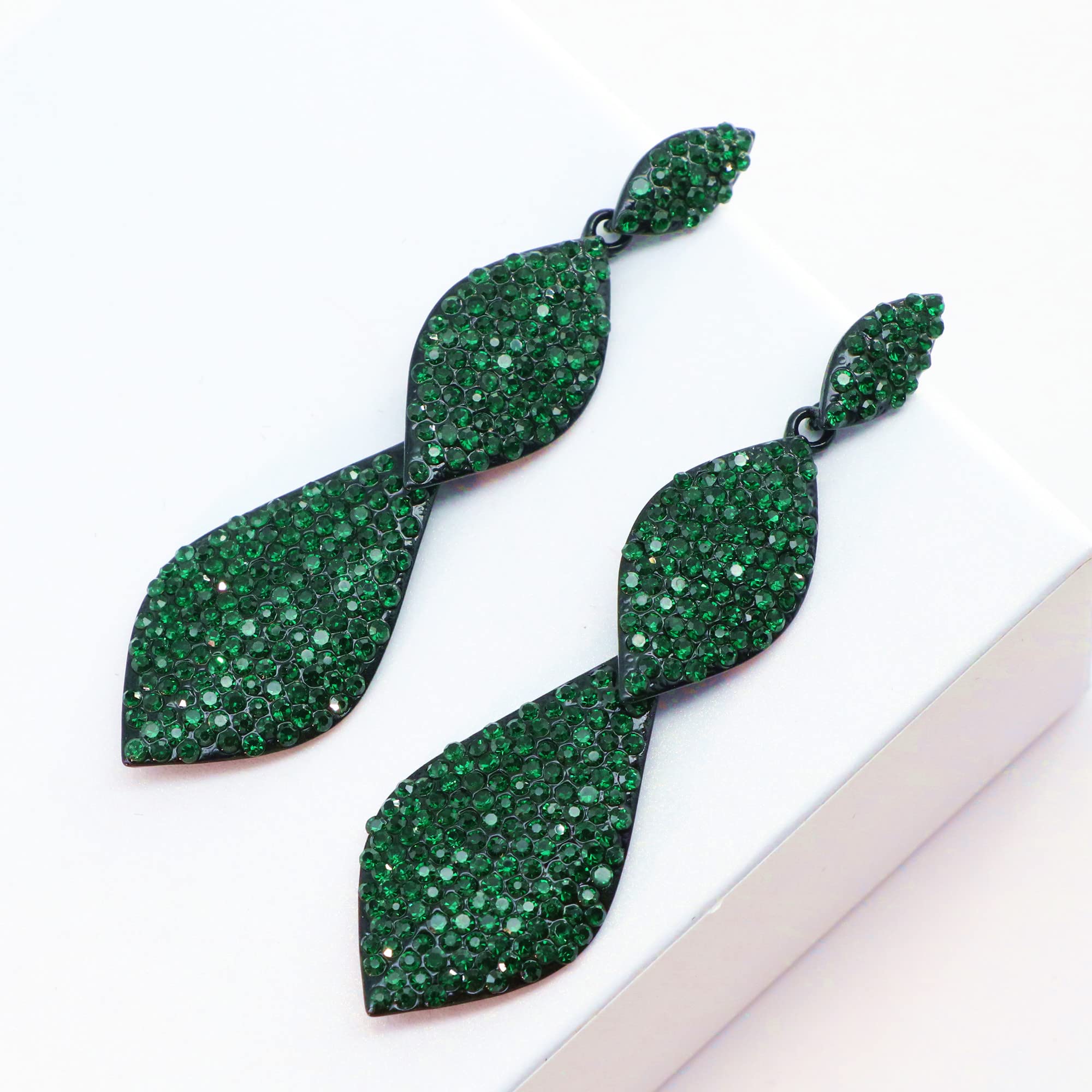 Scarlvambo Women's Wedding Bridal Dangling Earrings Leaf Pierced Pageant Long Drop Sparkly Crystal Green Black-Tone
