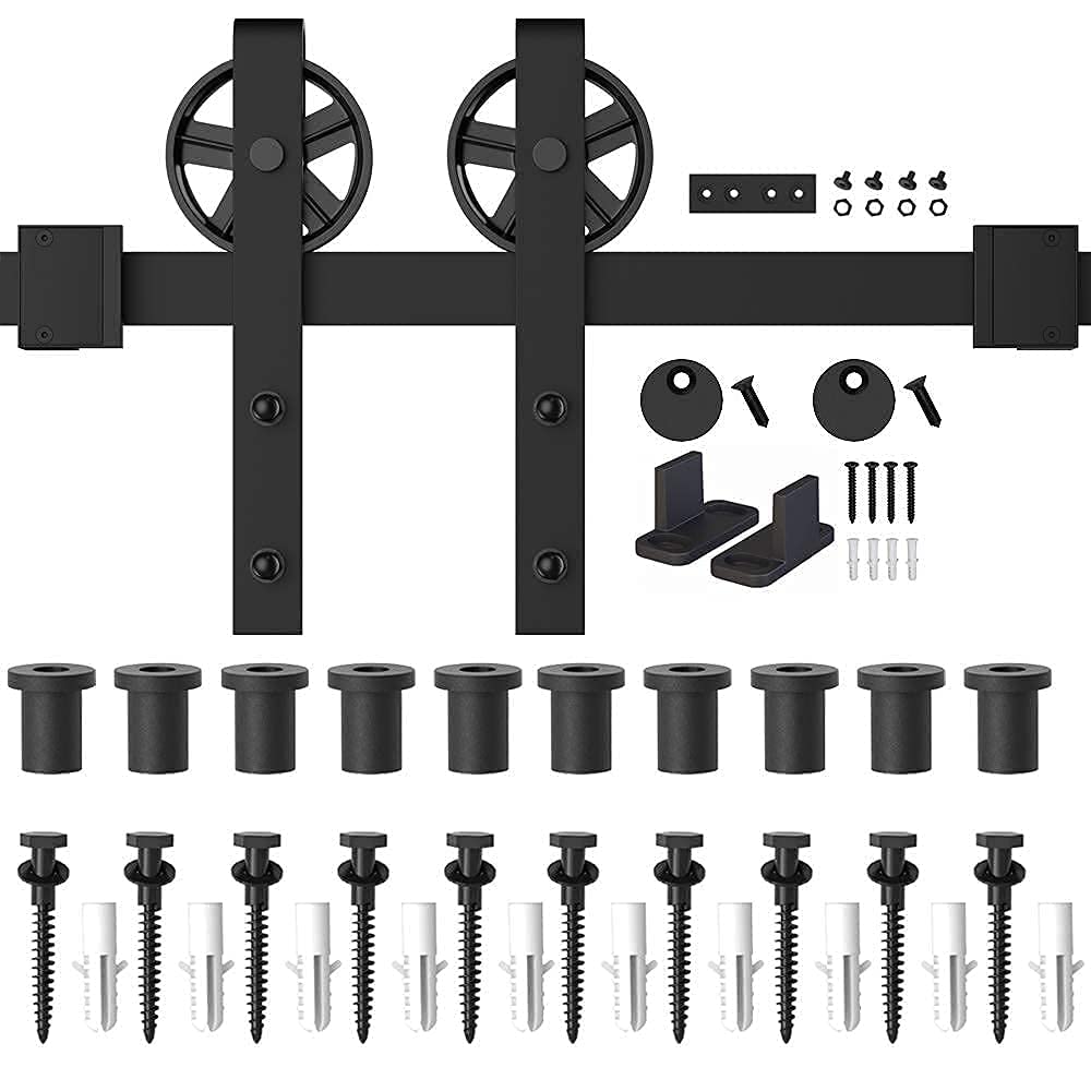 WINSOON 12FT Single Wood Sliding Barn Door Hardware Big Wheel Roller Kit with 1pc Sliding Barn Door Floor Guide Adjustable Double Roller Hardware Set