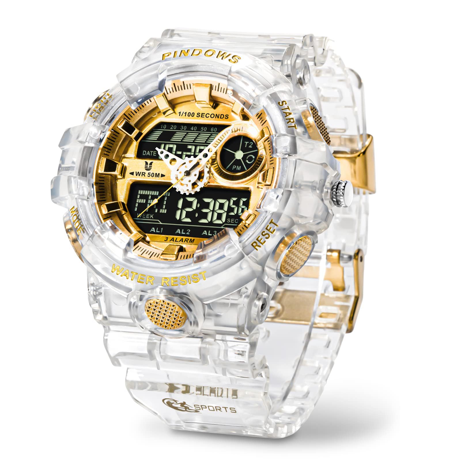 PINDOWS Watch for Men Digital Sports Watch, Outdoor Waterproof Military, LED Screen Large Face Dual Dial Time and Stopwatch Alarm Wristwatch (White Gold)