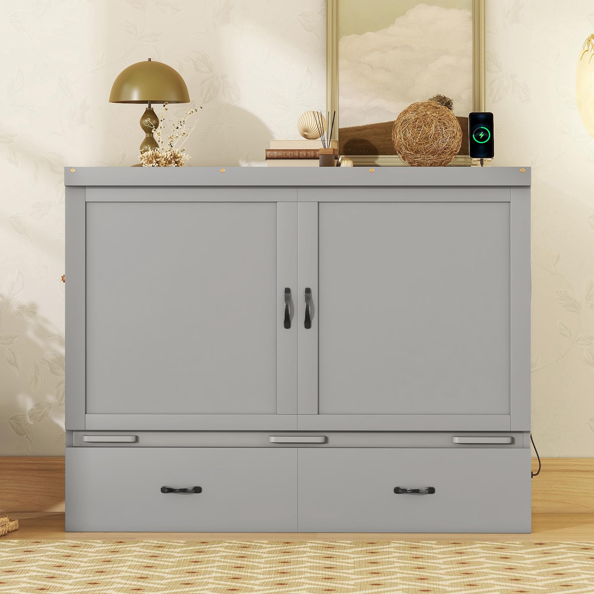 Queen Size Murphy Bed and Storage Drawers and USB Port, Space-Saving Wall Bed with Storage,Murphy Bed for Living Room