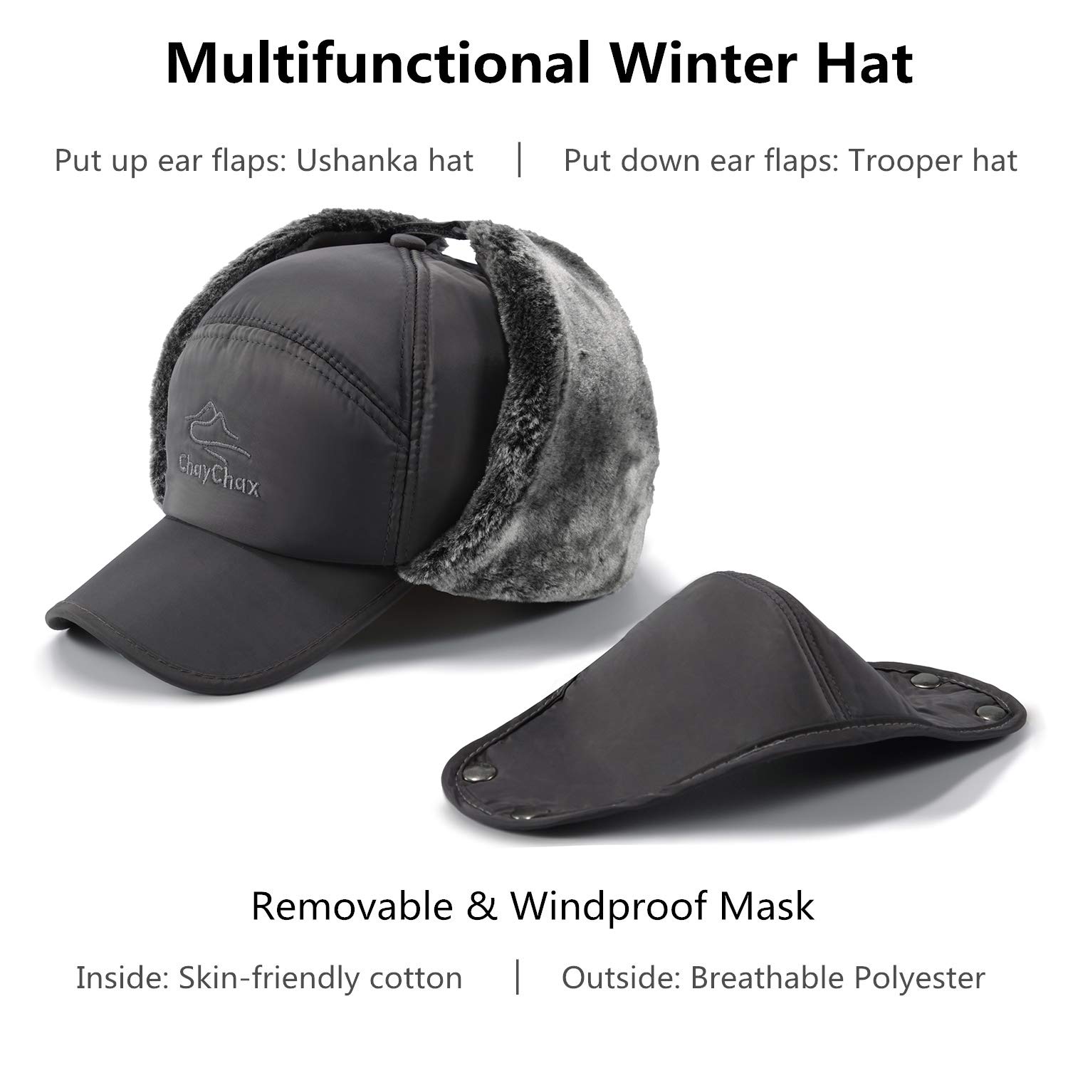 Trooper Trapper Hat Men Women Warm Winter Hats with Ear Flap Faux Fur Hunting Aviator Hat Black