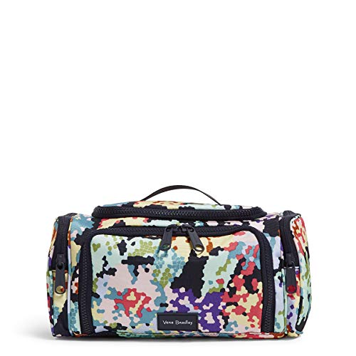 Vera Bradley Women's Recycled Lighten Up Reactive Large Travel Cosmetic Makeup Organizer Bag, Happy Blooms Cross-Stitch, One Size