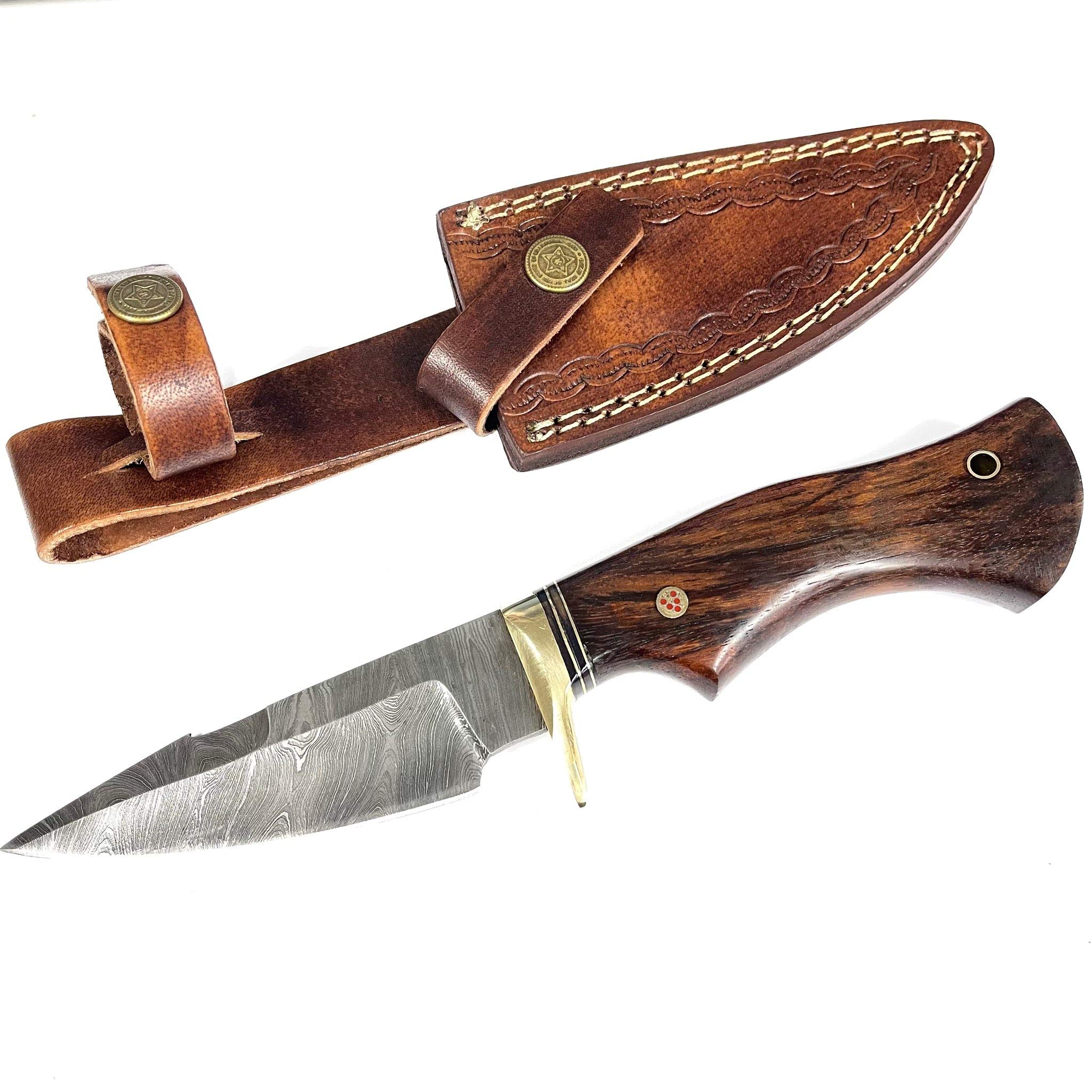 Vortex Blade Shop Custom Handmade Damascus Steel Hunting Survival Knife with Leather Sheath EDC 9.5" Overall Walnut Wood Handle and Brass Guard with Mosaic Pinned Handle