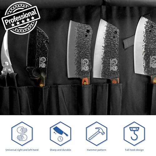 XYJ Authentic Since 1986, Forged Kitchen Knife Set, High Carbon Steel Cleavers, 5pcs Knives Set With Roll Bag, Bone Scissors, Honing Steel, Mini Knife, Sharp For Chopping Meat Vegetables
