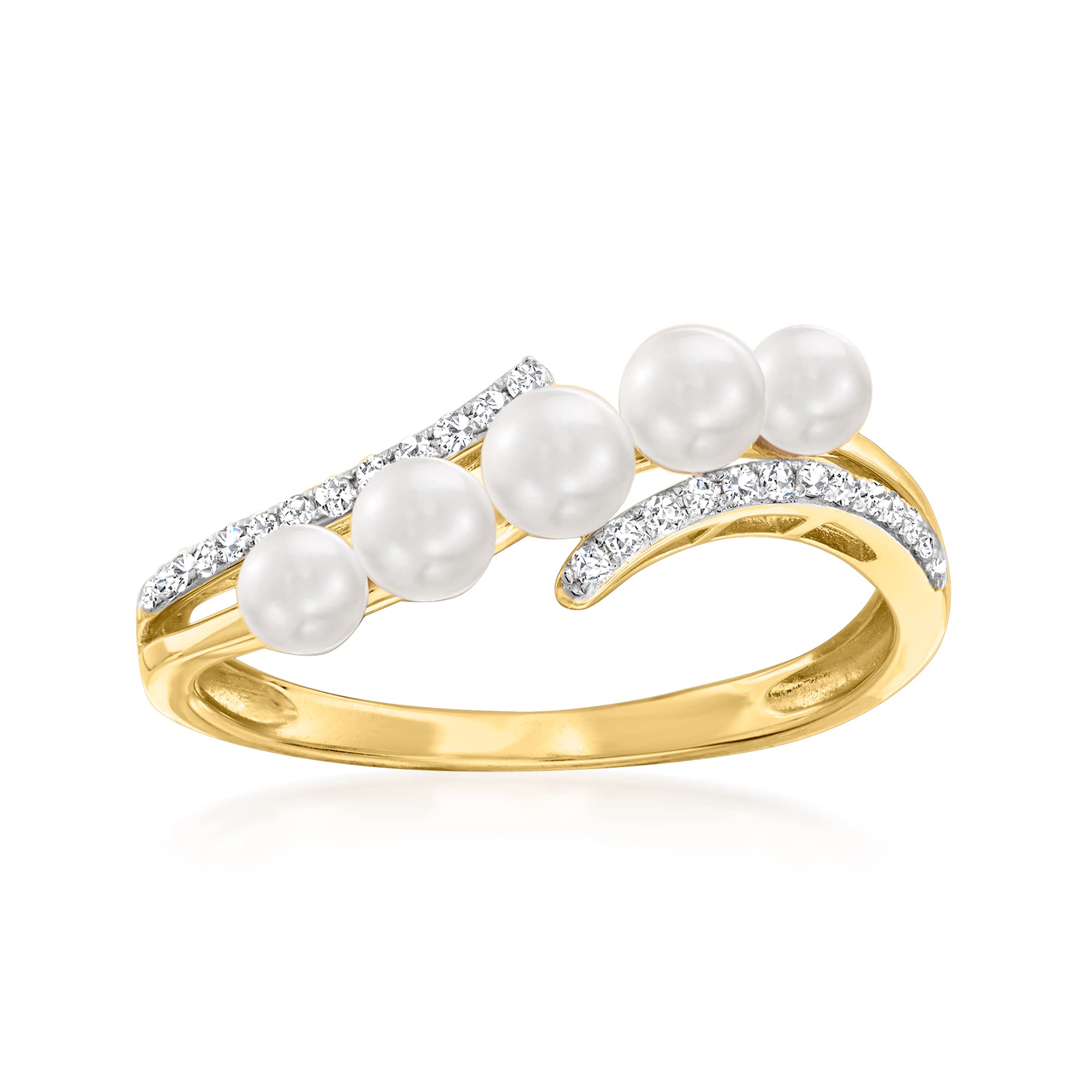 Ross-Simons 3-4mm Cultured Pearl and .10 ct. t.w. Diamond Wave Ring in 14kt Yellow Gold. Size 8