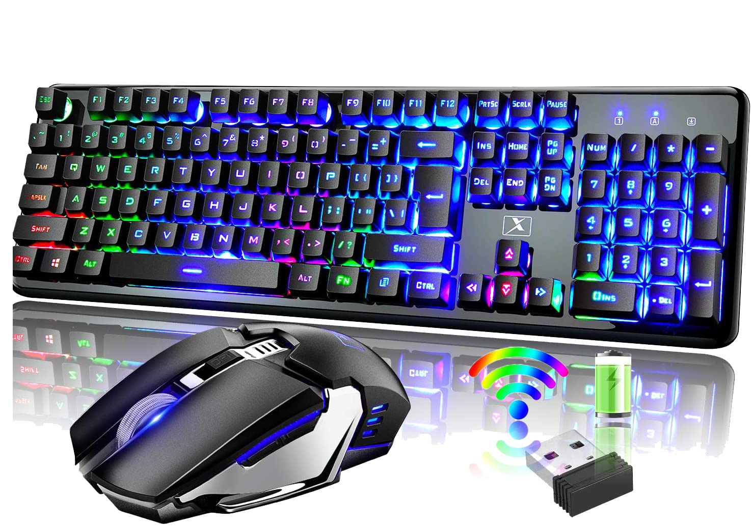 Rechargeable Keyboard and Mouse,Suspended Keycap Mechanical Feel Backlit Gaming Keyboard Mice Combo,Wireless 2.4G Drive Free,Adjustable Breathing Lamp,Anti-ghosting,4800 mAh Battery for Laptop Pc Mac