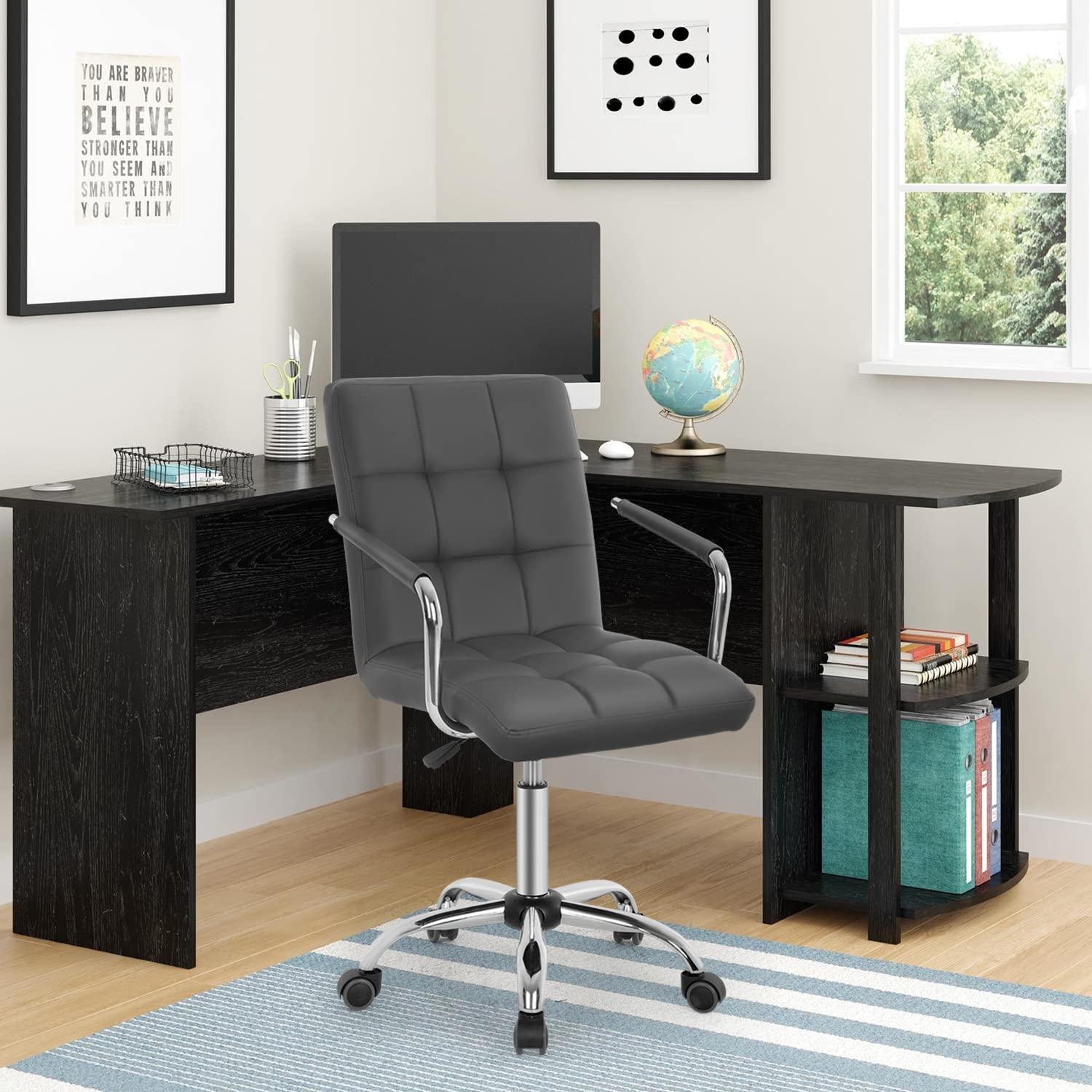 PayLessHere Home Office Desk Chair PU Leather Makeup Chair Vanity Chair with Armrest/Wheel 360°Swivel Height Adjustable Home Chairs for Office Makeup Room (Grey)