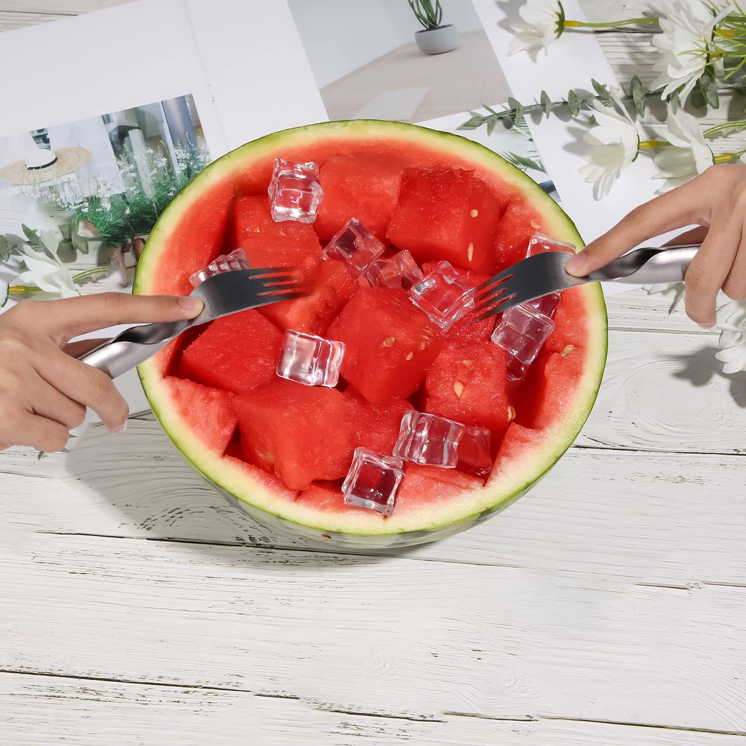 Watermelon Slicer Fork and 2pcs Fruit Forks, Fruit Cutting Fork 2-in-1 Watermelon Fork Slicer Cutter Stainless Steel Fruit Fork Cutter for Party Camping