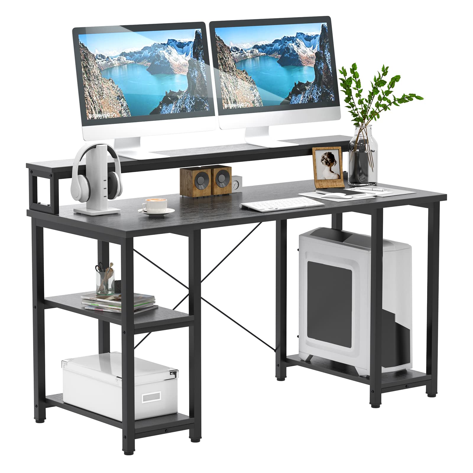 soges 55 inches Computer Desk with Storage Shelves Study Writing Desk Home Office Table Workstation Black HD-SD02-B140