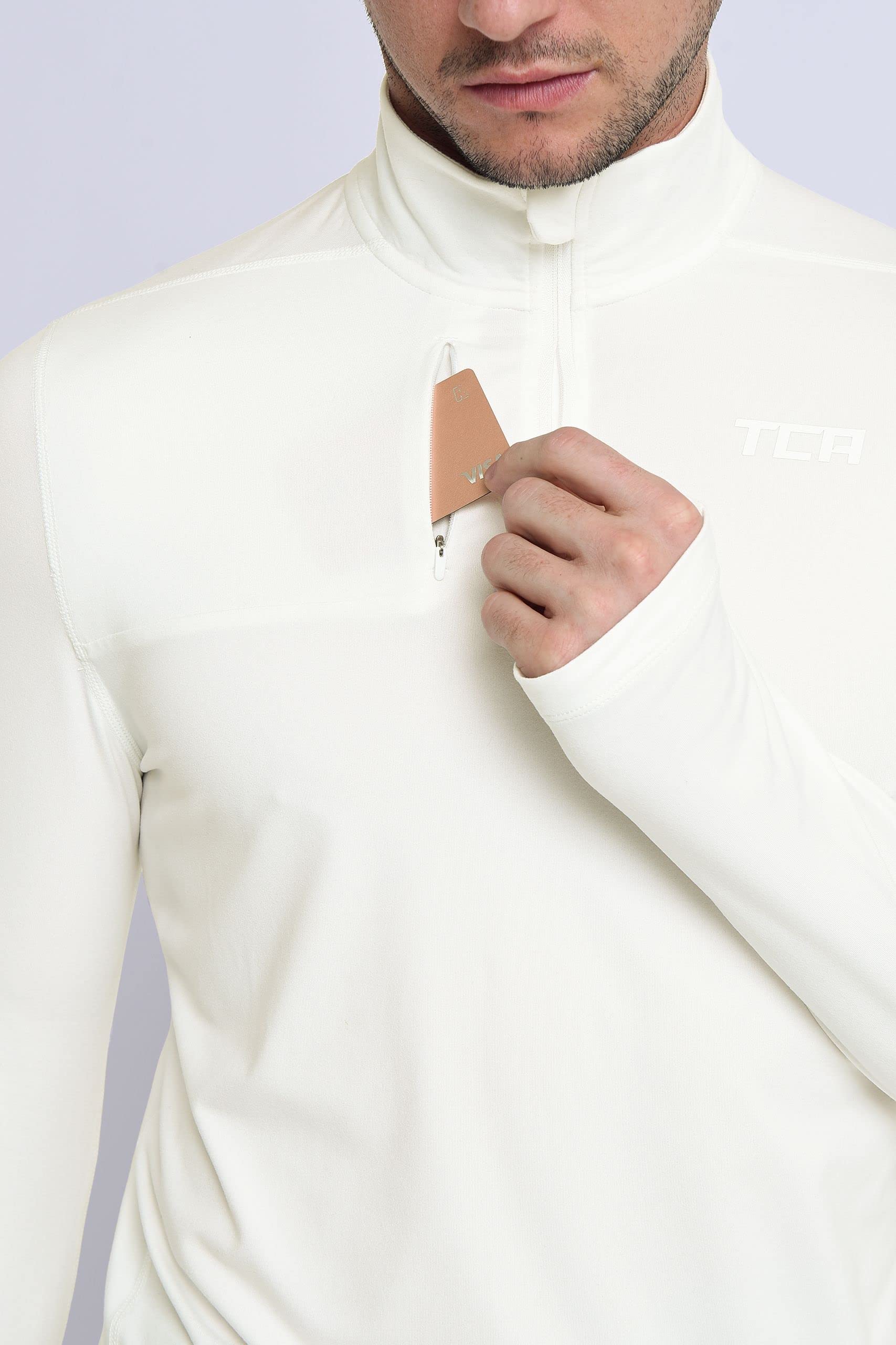 TCA Men's Fusion Pro Quickdry Long Sleeve Half Zip Running Shirt β Athletic Workout Pullover with Pocket & Thumb Holes- Cloud White, Medium