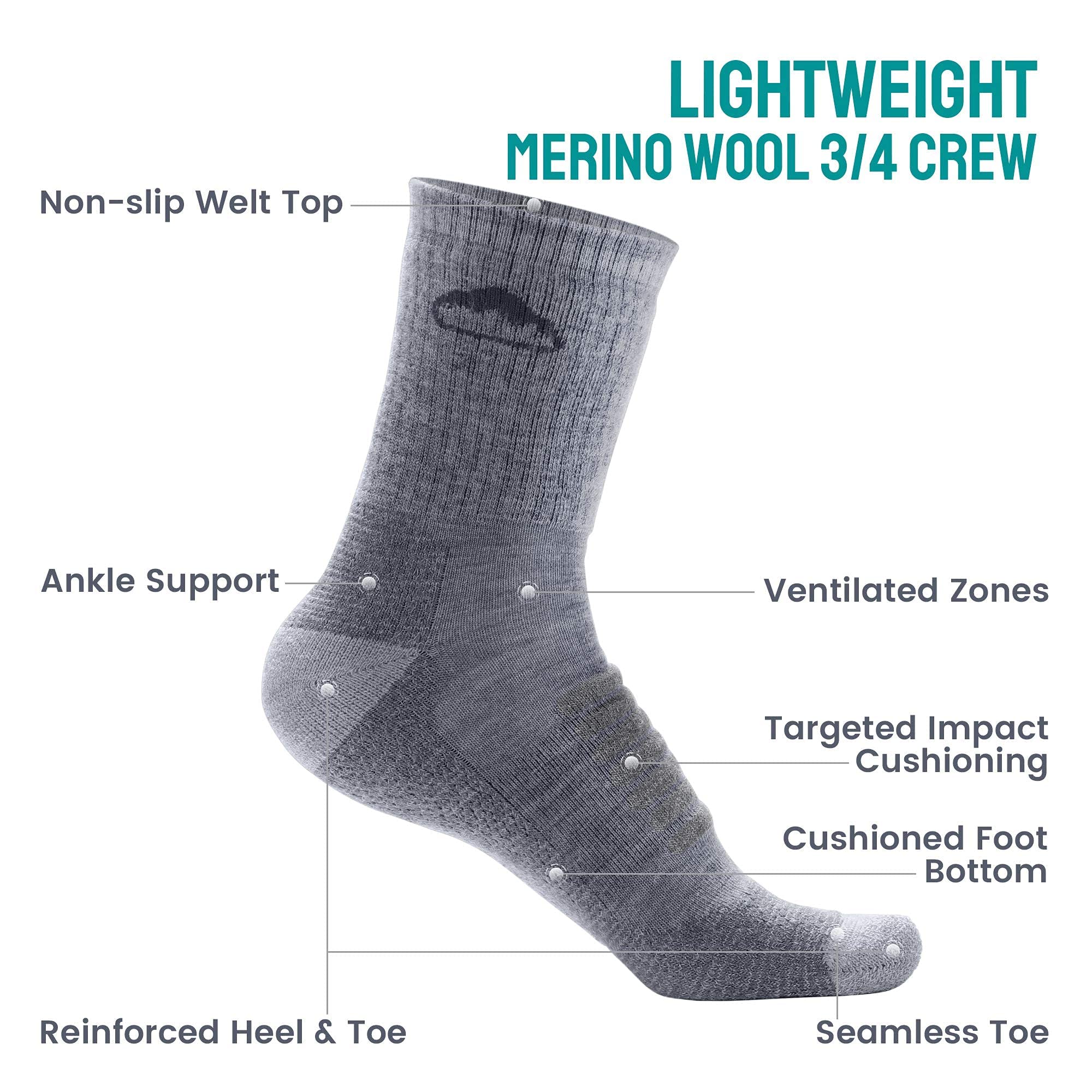 SAMSOX 2-Pair Merino Wool Hiking Socks, Made in USA, Grey L/XL (Men 10-13 / Women 12+)