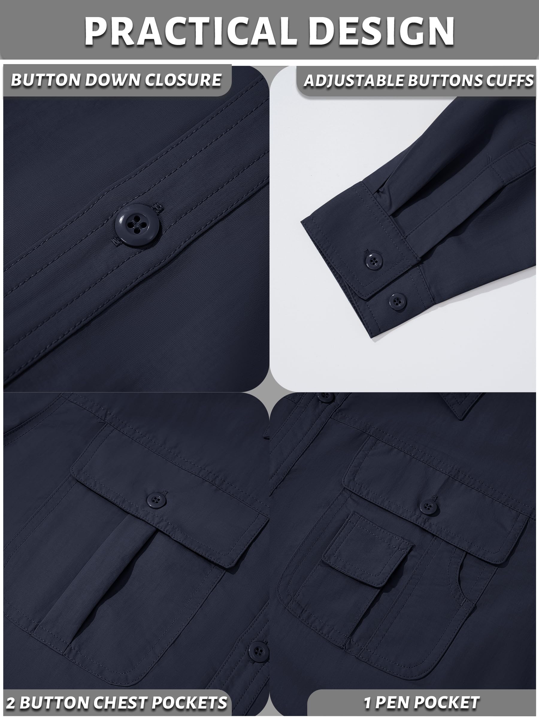 TACVASEN Men's Quick Dry UV Protection Zipper Convertible Long Sleeve Shirt Navy, L