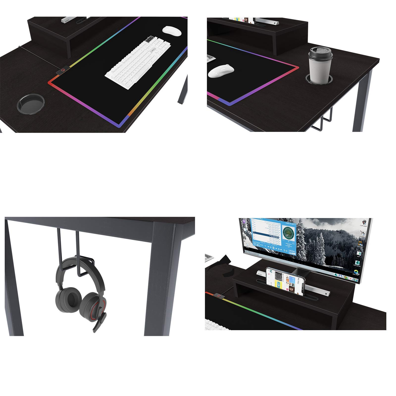 SogesHome 60 inch Desk Computer Desks Gaming Desk Long Desk Writing Table Home Office Workstation with RGB Mouse Pad, Headset Hooks and Cup Slot, Black, NSDUS-AC14CB-Pro-E1-152.4