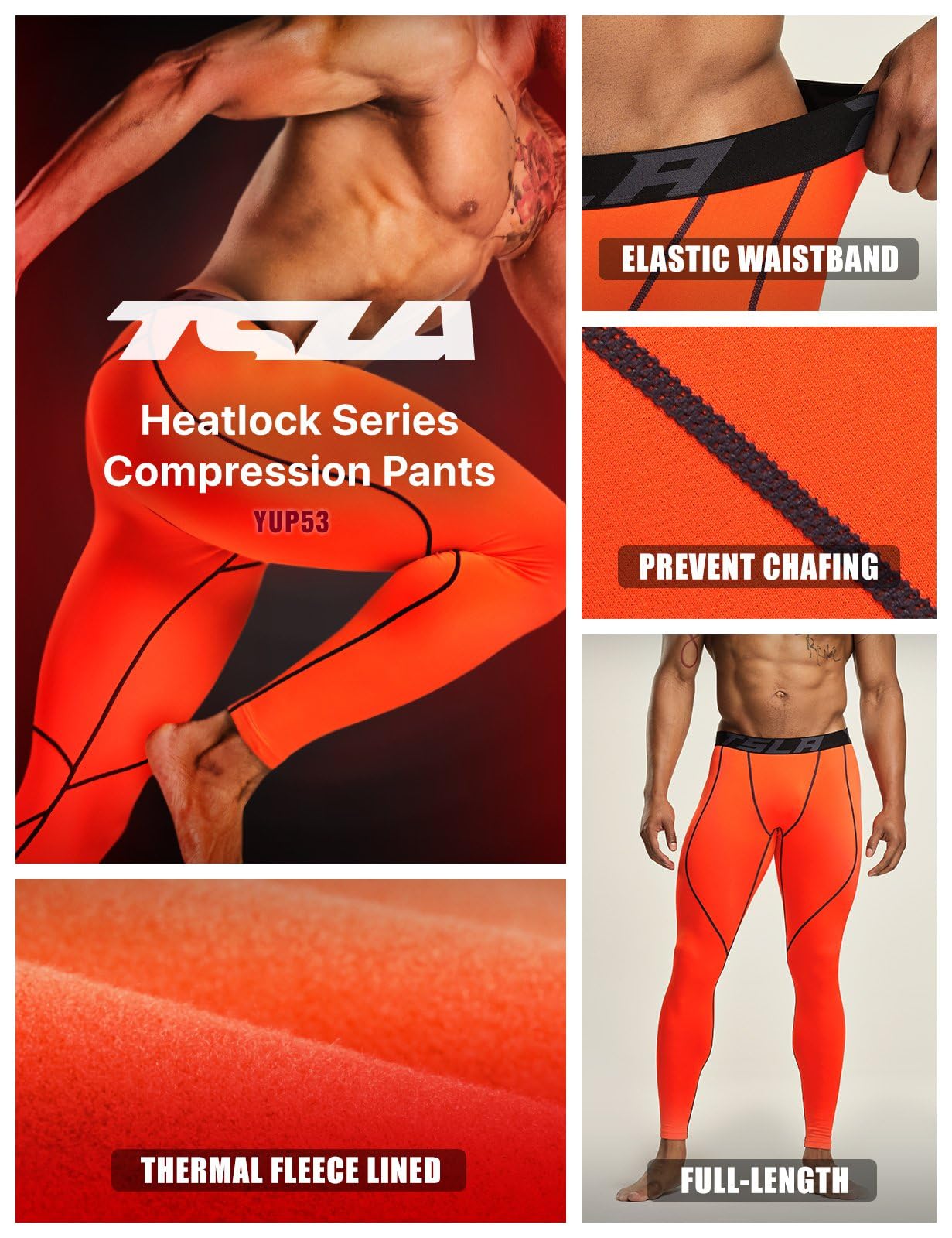 TSLA Men's Thermal Compression Pants, Athletic Sports Leggings & Running Tights, Wintergear Base Layer Bottoms, Heatlock Pure Orange, Large