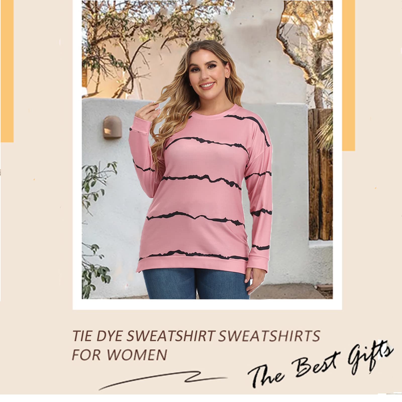 Voxshe Womens Tie Dye T Shirts Long Sleeve Crew Neck Basic Tee Tops Leisure Blouse Pink