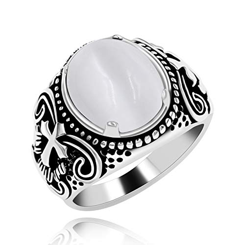 Uloveido Silver Tone Black Simulated Agate Cats Eye Ring Oval Stone Antique Engagement Rings for Women PJ013 (White, Size 9)