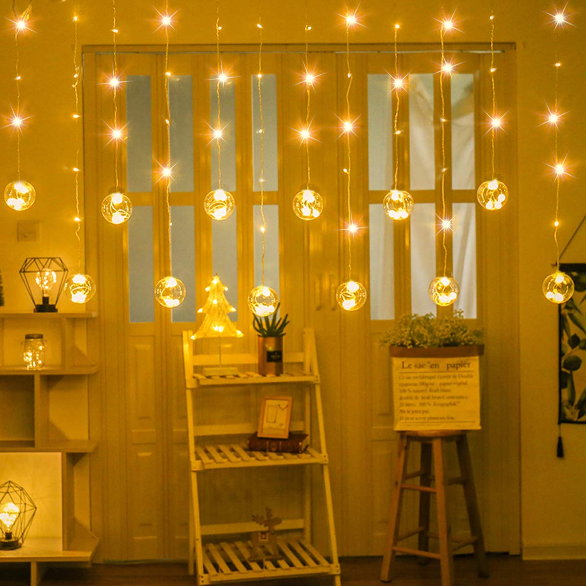 SUPERNIGHT LED Curtain Lights with Crystal Ball, Globe Window Twinkle Fairy String Light Waterproof for Patio,Lawn,Garden,Wedding,DIY Christmas Tree Decoration (9.8 x 9.8 ft,8 Modes,Warm White)