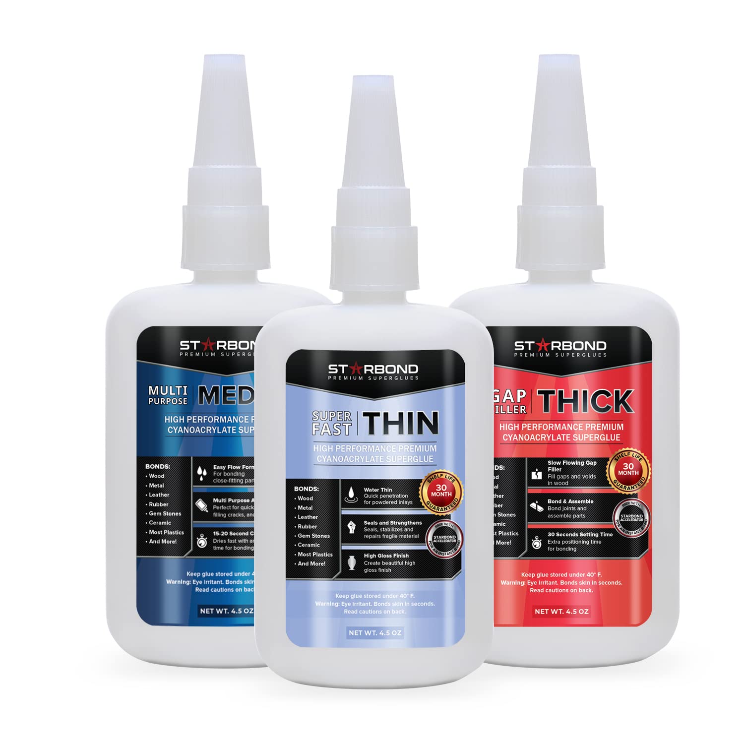 Premium CA Glue with Activator Bundle by STARBOND - (4.5oz) Thin CA Glue, Medium CA Glue, Thick CA Glue with (8 oz) Pump Accelerator/Activator - CA Glue for Woodworking, Woodturning, Hobby Models