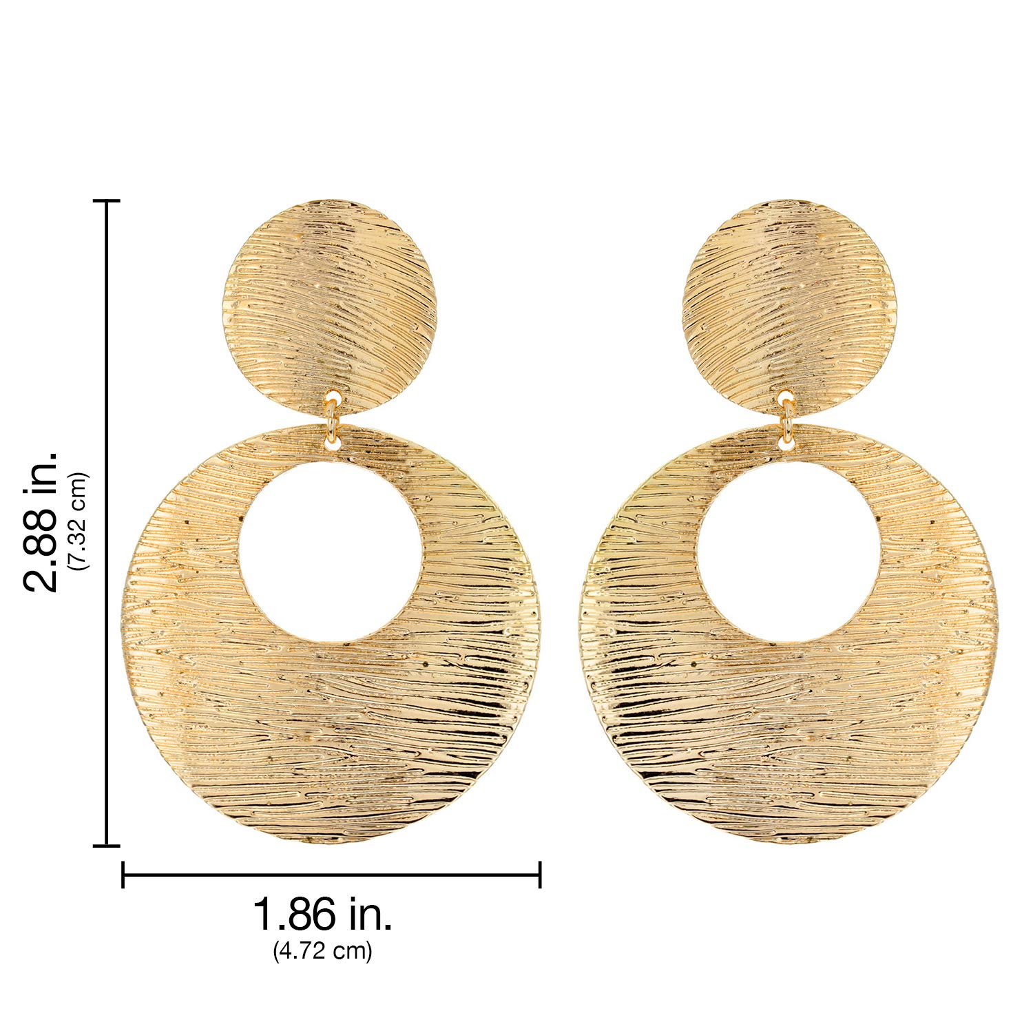 SP Sophia Collection Women's Classy Statement 2 Tiered Gold Etched Disc Hoop Dangle Clip On Earrings in Gold