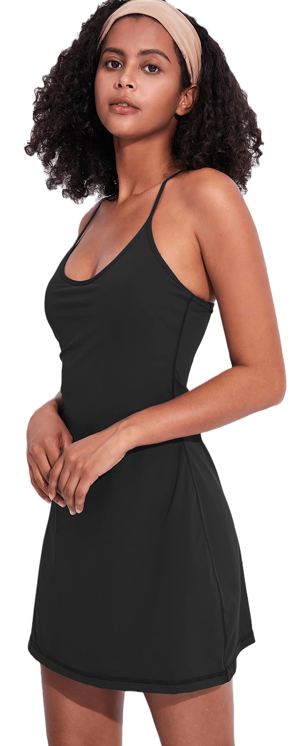 Women's Exercise Workout Dress with Built-in Bra & Shorts Sleeveless Tennis Golf Athletic Dress with Pockets Black M