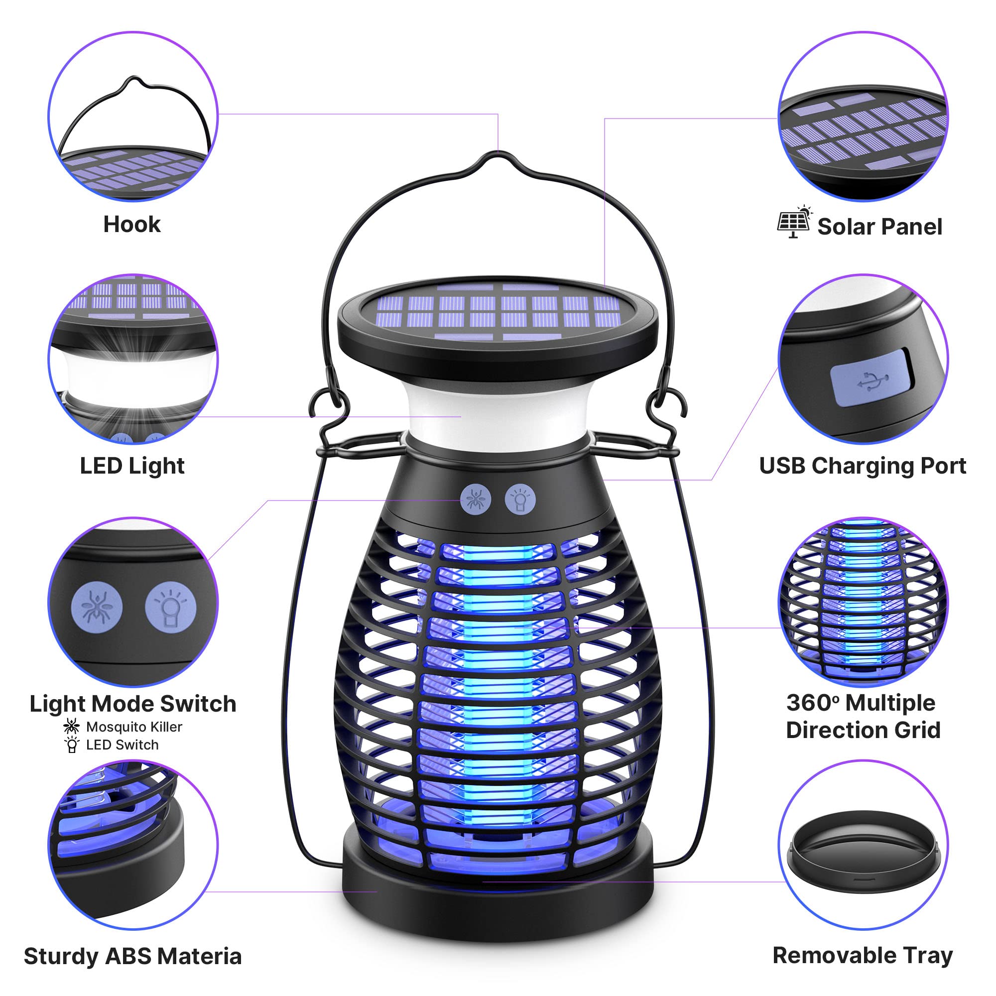 Solar Bug Zapper Outdoor, Rechargeable Cordless Buzzbug Mosquito Zapper Indoor, Waterproof Mosquito Trap Fly Zapper for Garden Patio Camping Essentials