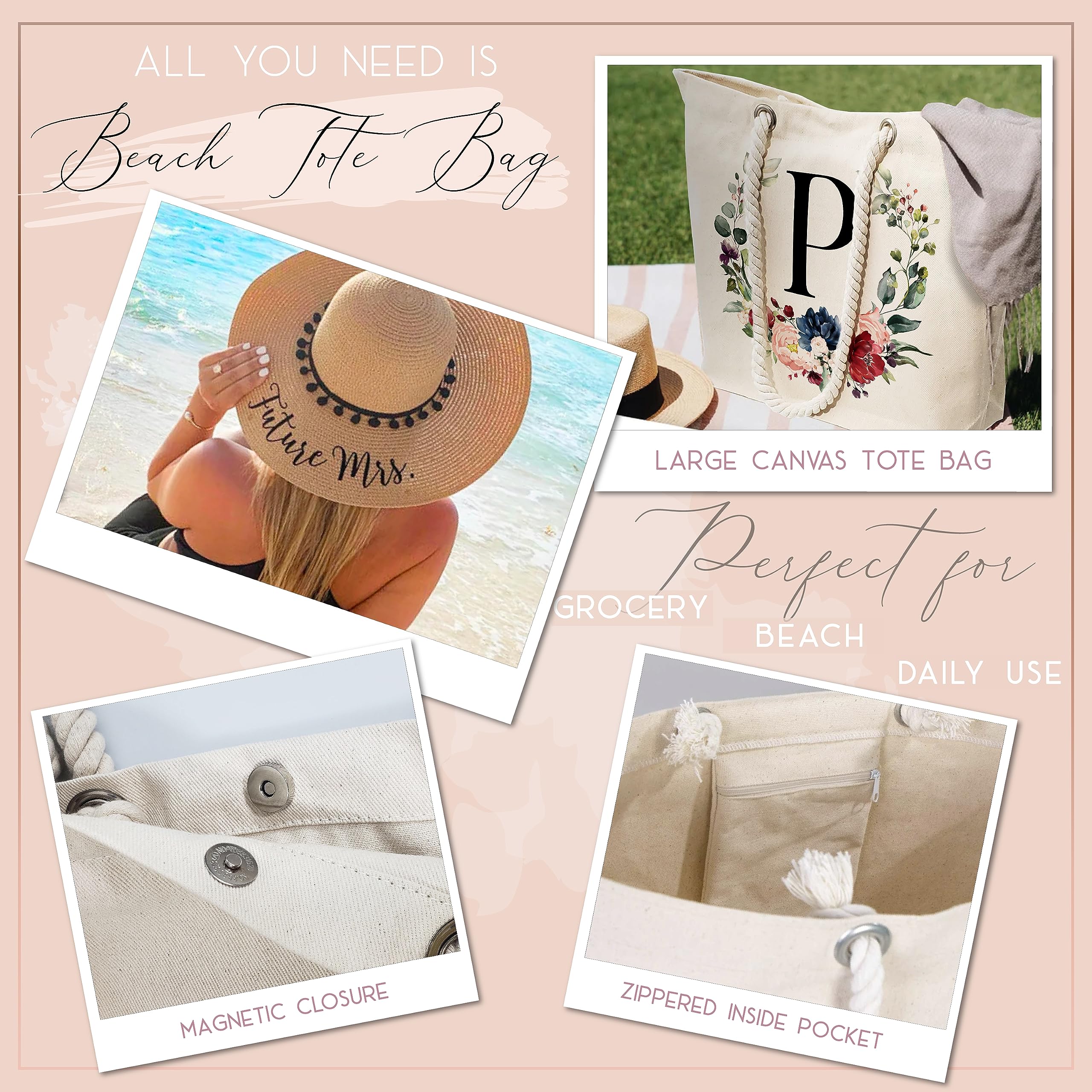 Personalized Floral Initial Cotton Canvas Beach Tote Bag, Customize Monogrammed Totes Gift for Bridesmaid (Initial V)