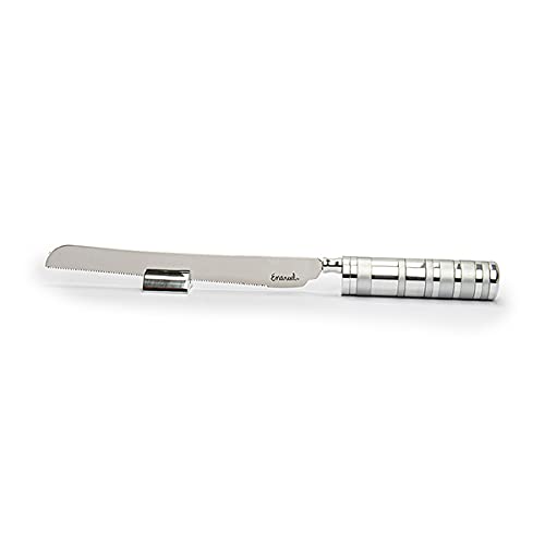 Yair Emanuel Challah Bread Knife with Detachable Salt Shaker in Handle | Modern Multicolored Ring Design (Silver NSM-4)