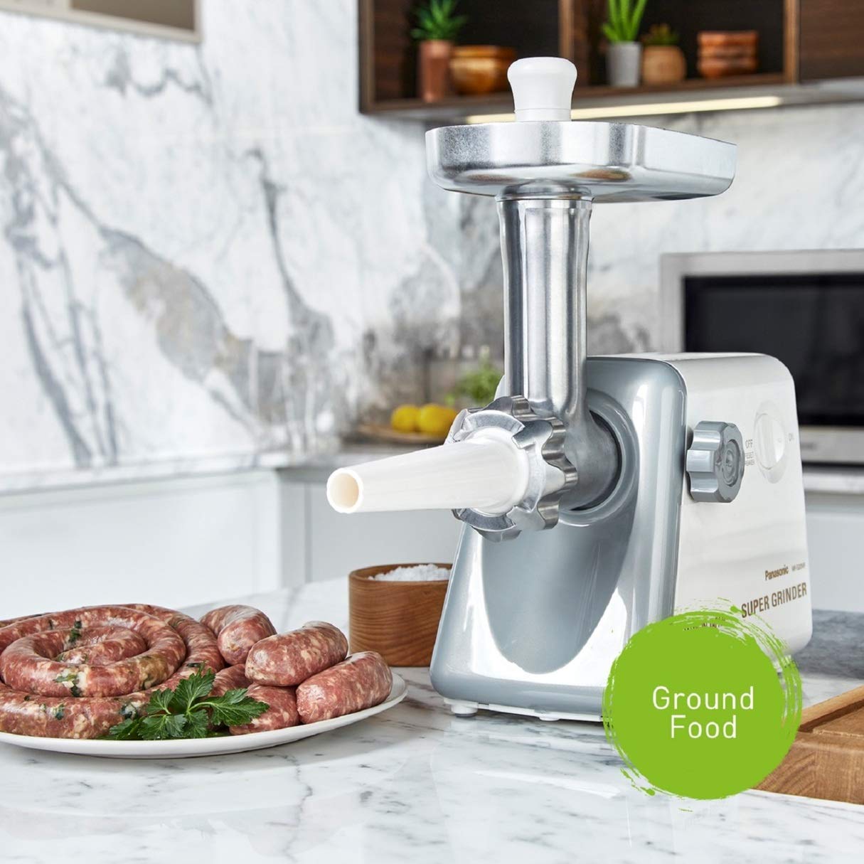Panasonic Meat Grinder, Electric Heavy Duty with Sausage Stuffer and Kubbe Maker Attachments, Precision Japanese Technology, Multifunctional Tabletop, 1, White