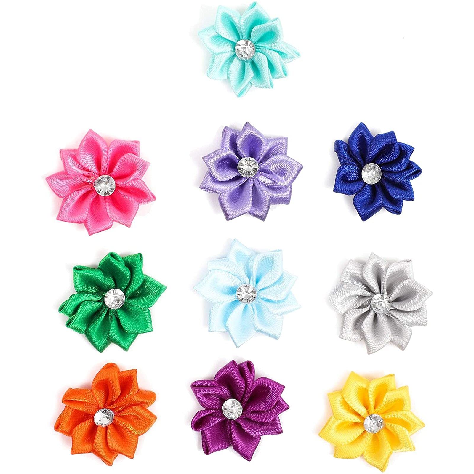 Satin Ribbon Daisy Flower Heads with Rhinestones, 10 Colors (1.2 in, 100 Pack)