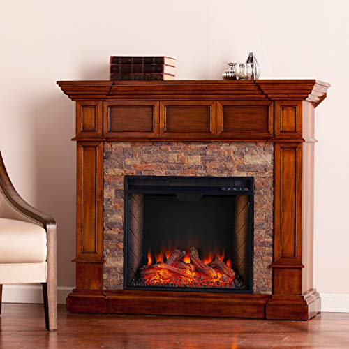 SEI Furniture Merrimack Faux Stone Convertible Alexa-Enabled Electric Corner Fireplace, Buckeye Oak