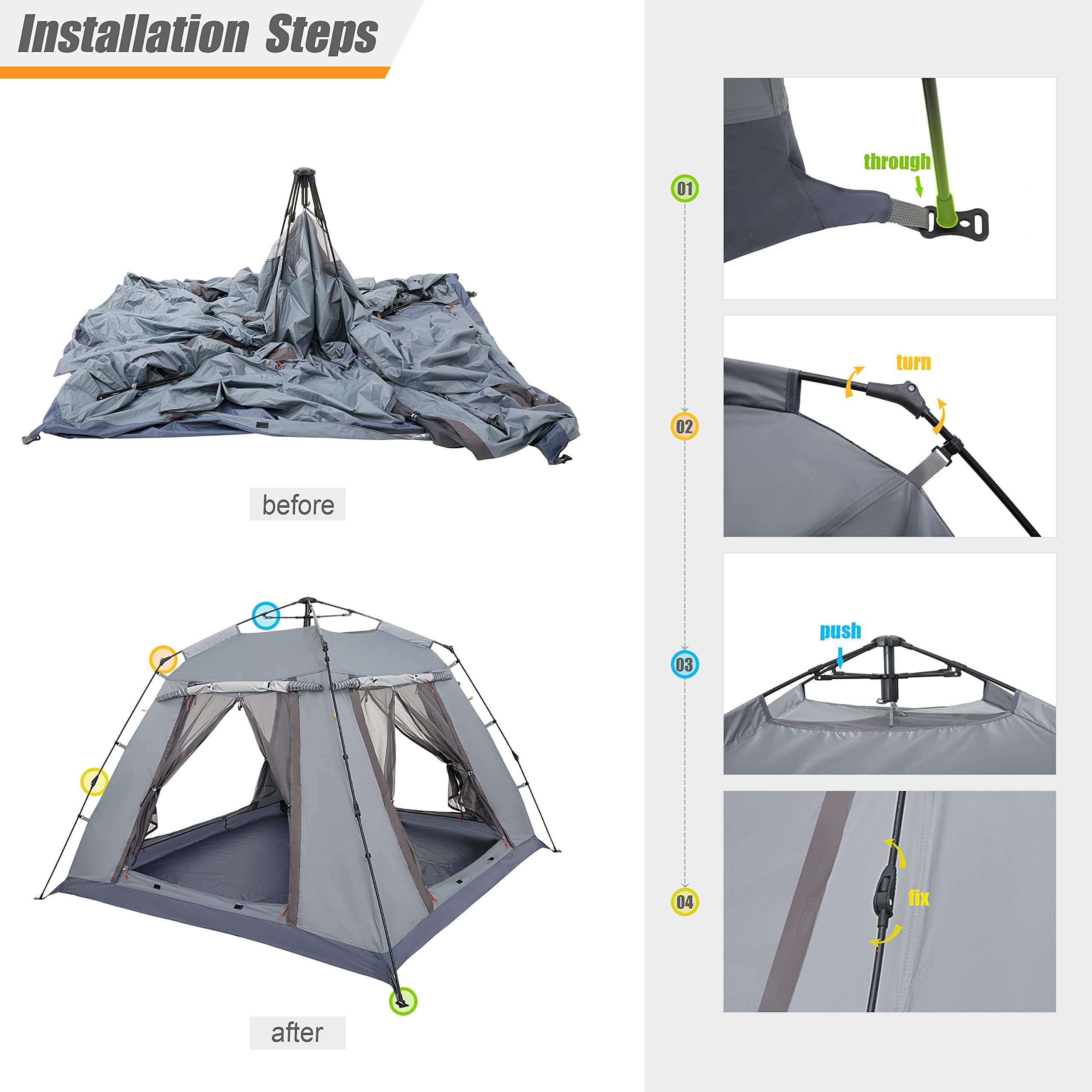 Ubon 4 Person Lightweight Camping Tent Easy Setup Large Cabin Tent Water Resistant Instant Tent with Sun Shade for Outdoor Hiking Four Large Mesh Windows for Optimized Ventilation -Gray