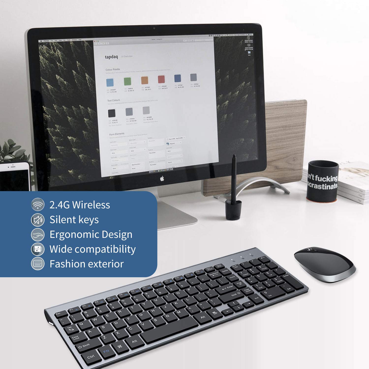 Wireless Keyboard and Mouse Combo, 2.4G USB Compact Full Size Keyboard and Mouse Wireless Set Ultra-Thin Slim Design for Windows, Computer, Desktop, PC, Notebook, Laptop (Black Grey)
