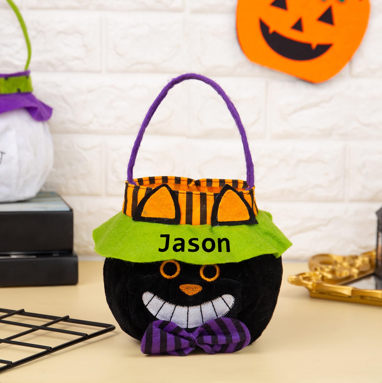 Personalized Halloween Candy Bags Customized Embroidered Name Trick or Treat Reusable Tote Bags for Girls Boys Kids (Style 4)